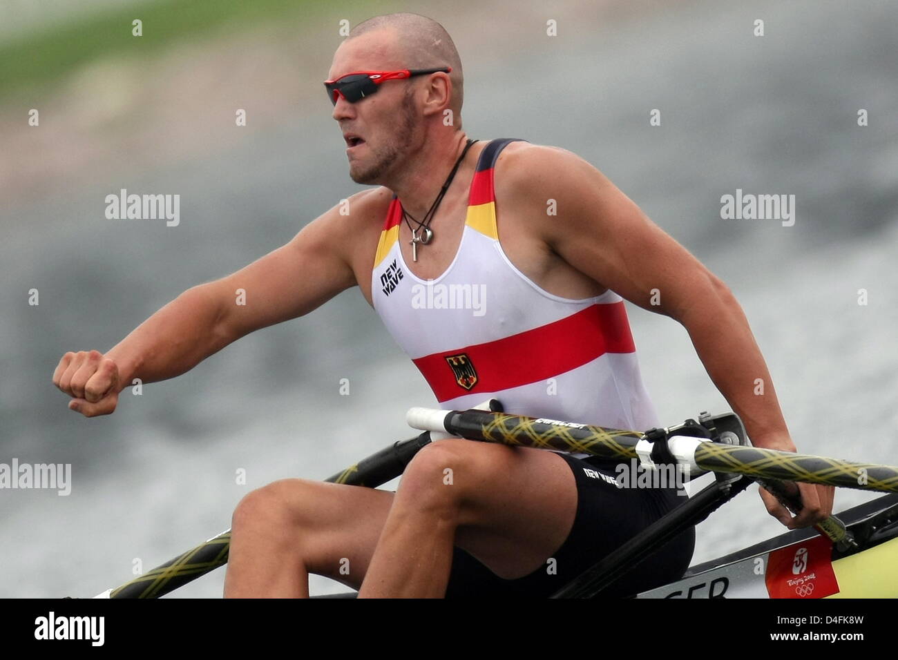 Geman Marcel Hacker reacts after the quarterfinal men`s single sculls at the Shunyi Olympic ...